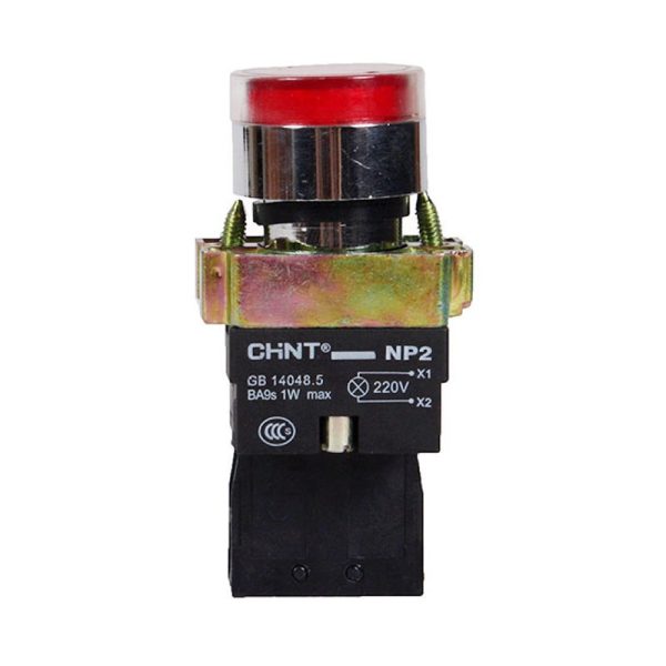 Pulsador luminoso rojo, metalico, led 220Vac, 1NC, IP40 NP2-BW3462 220V - Vipac: Productos ...